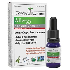 forces of nature allergy relief, organic maximum strength homeopathic medicine, 0.34 fl oz, immune support & multi symptom relief from indoor & outdoor allergies, runny nose, itchy eyes, non-drowsy