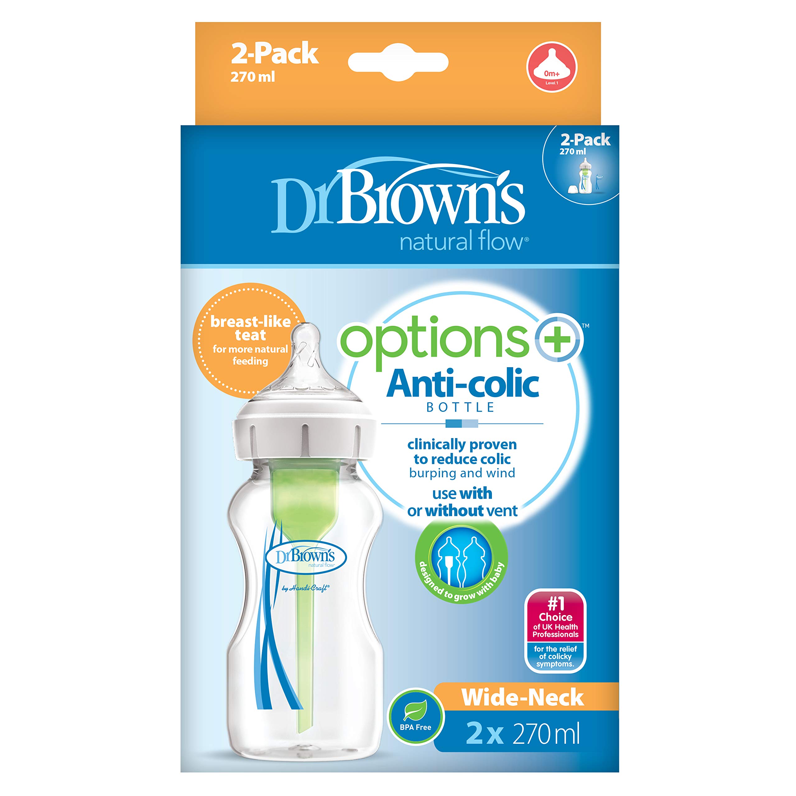 Dr Brown's Options+ Anti-Colic Wide Neck Baby Bottles, 270ml Twin Pack