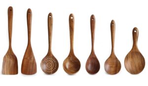 wooden utensils set for kitchen, messon handmade natural teak cooking spoons wooden spatula for nonstick cookware (7 sets)