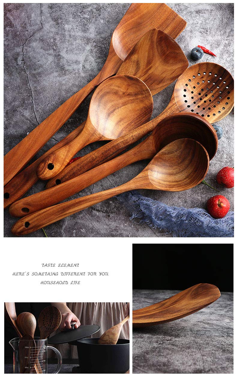 Wooden Utensils Set for Kitchen, Messon Handmade Natural Teak Cooking Spoons Wooden Spatula for Nonstick Cookware (7 sets)