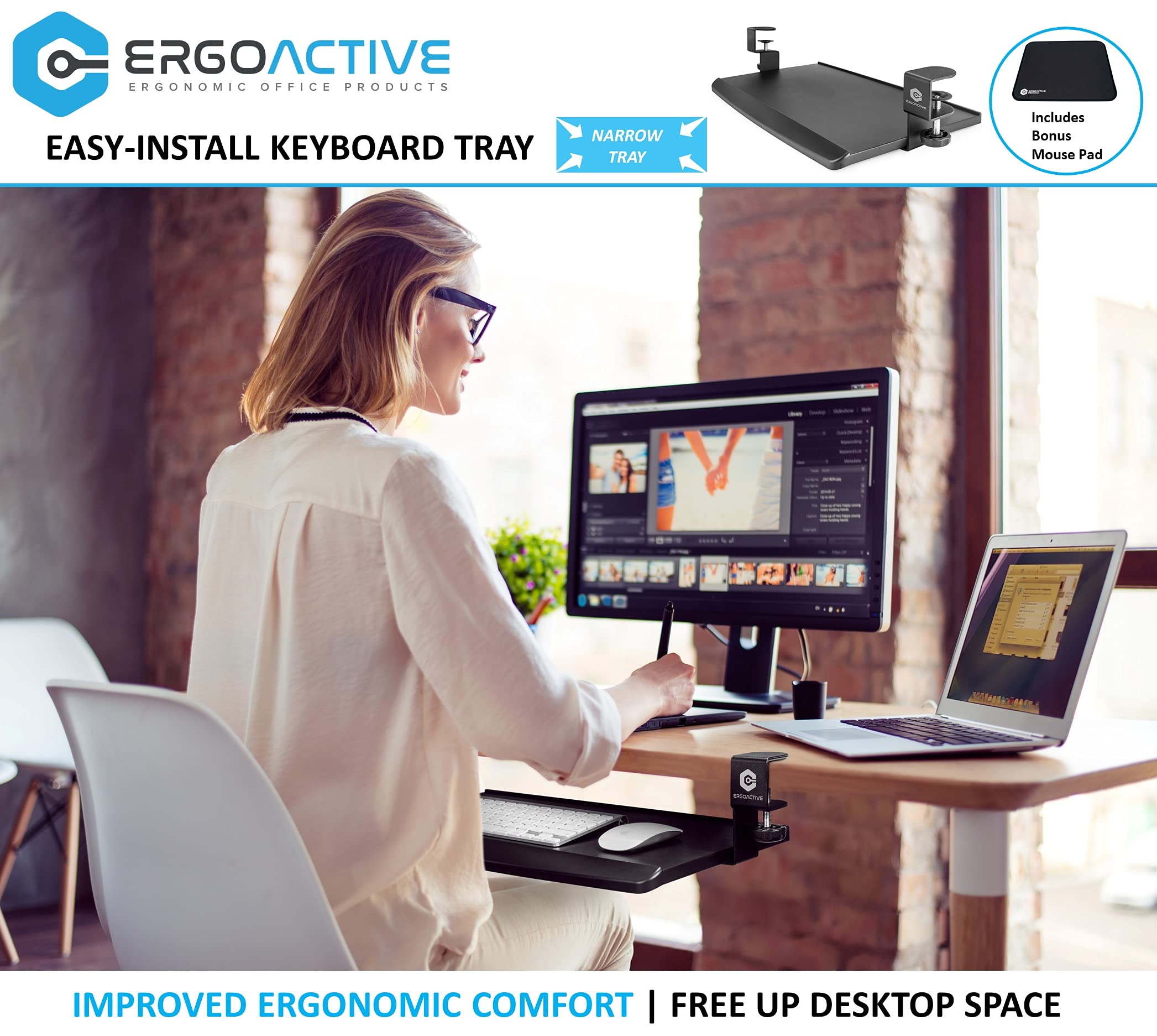 ErgoActive Keyboard Tray Under Desk with Included Mouse Pad and Easy Clamp On Installation, Fits Small Keyboard and Mouse - Small (20" x 11.8”)