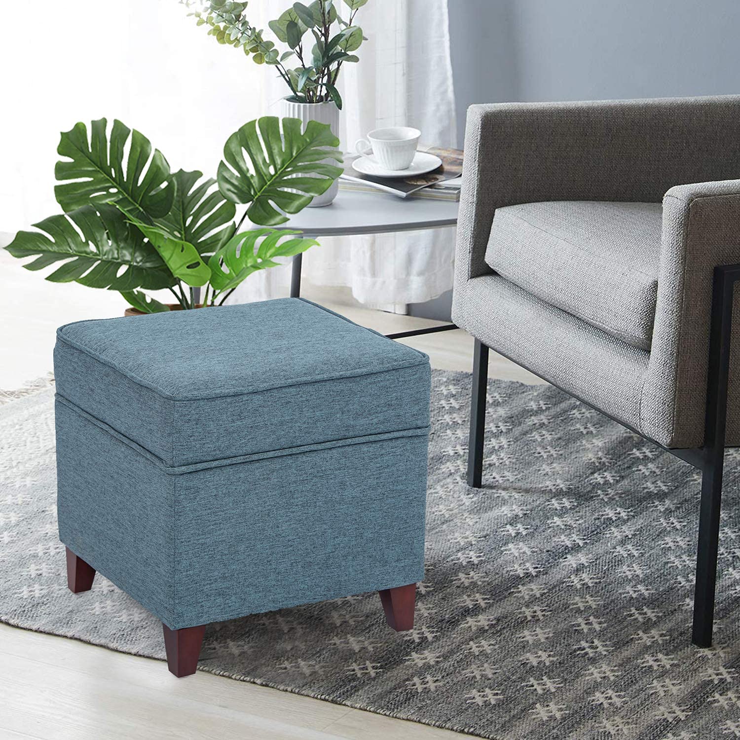 Edeco Square Fabric Storage Ottoman Footstool Comfortable Seat with Thick Sponge, Blue