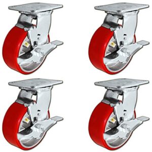 5" x 2" heavy duty swivel caster set of 4 - red polyurethane on steel core with brakes - 4,400 lbs per set of 4 - toolbox casters - casterhq