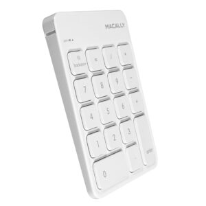 macally bluetooth number pad for laptop, apple, mac, imac, macbook pro/air, ipad, windows pc, tablet, or desktop computer - rechargeable 18 key wireless numeric keypad - white bluetooth 10 key numpad