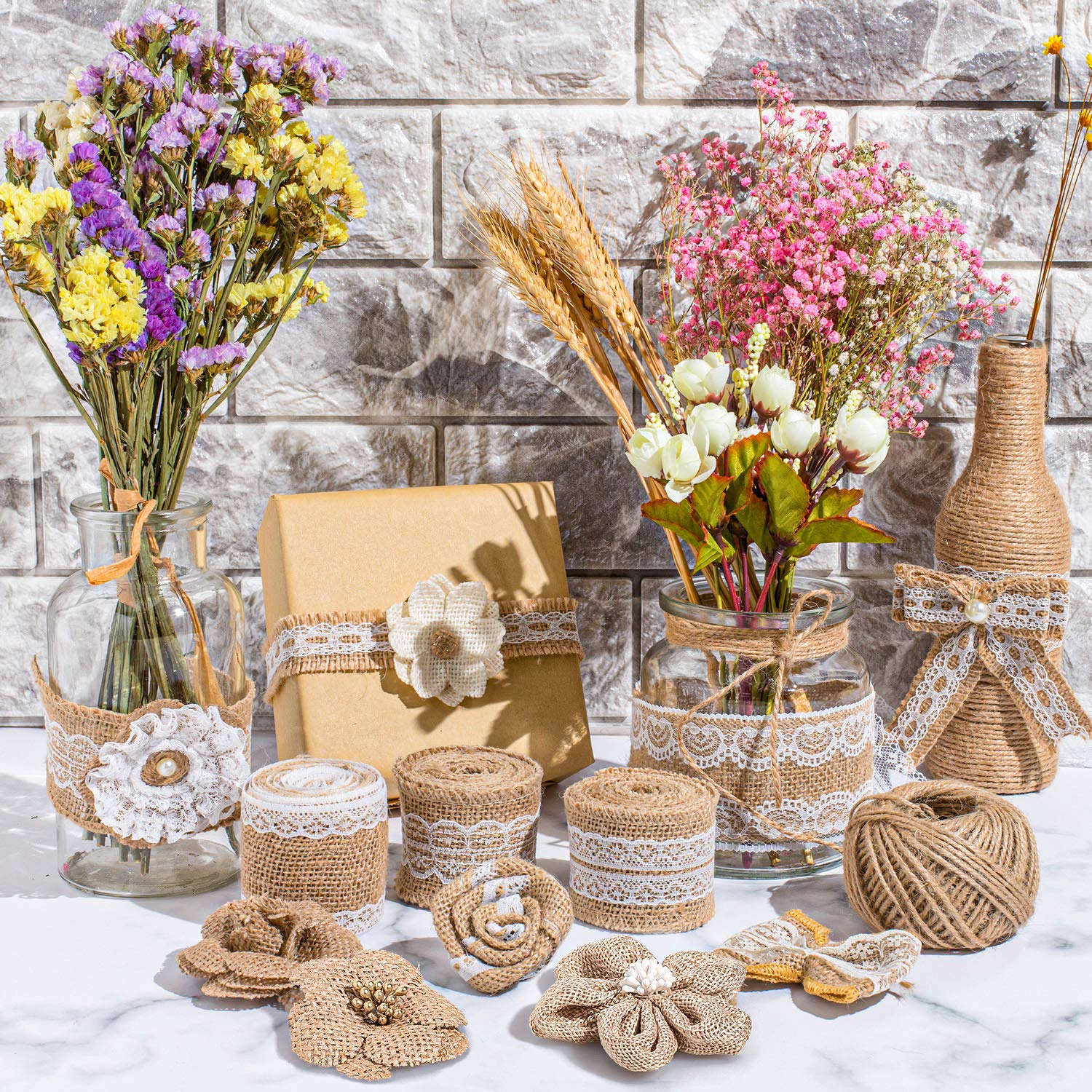 Whaline 30PCS Burlap Flowers Set, Include 5 Lace Burlap Ribbon Rolls, 24 Handmade Burlap Flowers and Bowknots, 1 Twine Ribbon and Glue Point for Wedding Party Decor Home Embellishment DIY Crafts