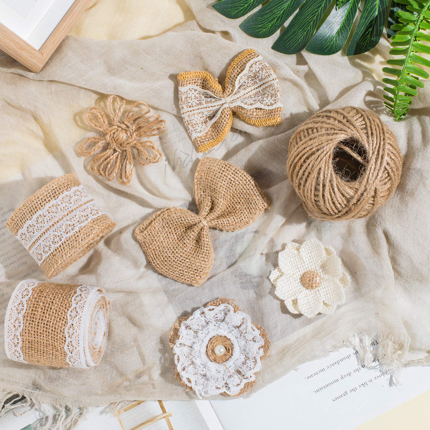 Whaline 30PCS Burlap Flowers Set, Include 5 Lace Burlap Ribbon Rolls, 24 Handmade Burlap Flowers and Bowknots, 1 Twine Ribbon and Glue Point for Wedding Party Decor Home Embellishment DIY Crafts