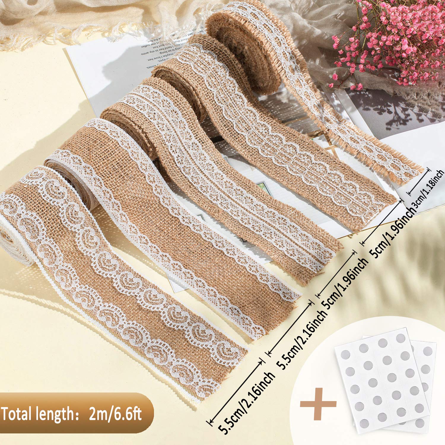 Whaline 30PCS Burlap Flowers Set, Include 5 Lace Burlap Ribbon Rolls, 24 Handmade Burlap Flowers and Bowknots, 1 Twine Ribbon and Glue Point for Wedding Party Decor Home Embellishment DIY Crafts