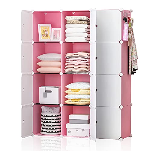 YOZO Cube Storage Organzier Portable Closet Wardrobe Bedroom Dresser (42x14x56 inches) Portable Closet Cube Shelf Armoire Pantry Cabinet, 12 Cubes, Pink