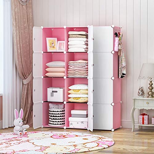 YOZO Cube Storage Organzier Portable Closet Wardrobe Bedroom Dresser (42x14x56 inches) Portable Closet Cube Shelf Armoire Pantry Cabinet, 12 Cubes, Pink