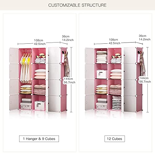 YOZO Cube Storage Organzier Portable Closet Wardrobe Bedroom Dresser (42x14x56 inches) Portable Closet Cube Shelf Armoire Pantry Cabinet, 12 Cubes, Pink