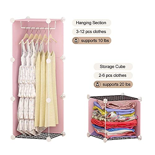 YOZO Cube Storage Organzier Portable Closet Wardrobe Bedroom Dresser (42x14x56 inches) Portable Closet Cube Shelf Armoire Pantry Cabinet, 12 Cubes, Pink