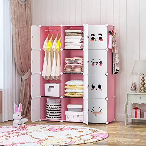 YOZO Cube Storage Organzier Portable Closet Wardrobe Bedroom Dresser (42x14x56 inches) Portable Closet Cube Shelf Armoire Pantry Cabinet, 12 Cubes, Pink