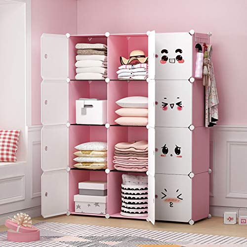 YOZO Cube Storage Organzier Portable Closet Wardrobe Bedroom Dresser (42x14x56 inches) Portable Closet Cube Shelf Armoire Pantry Cabinet, 12 Cubes, Pink