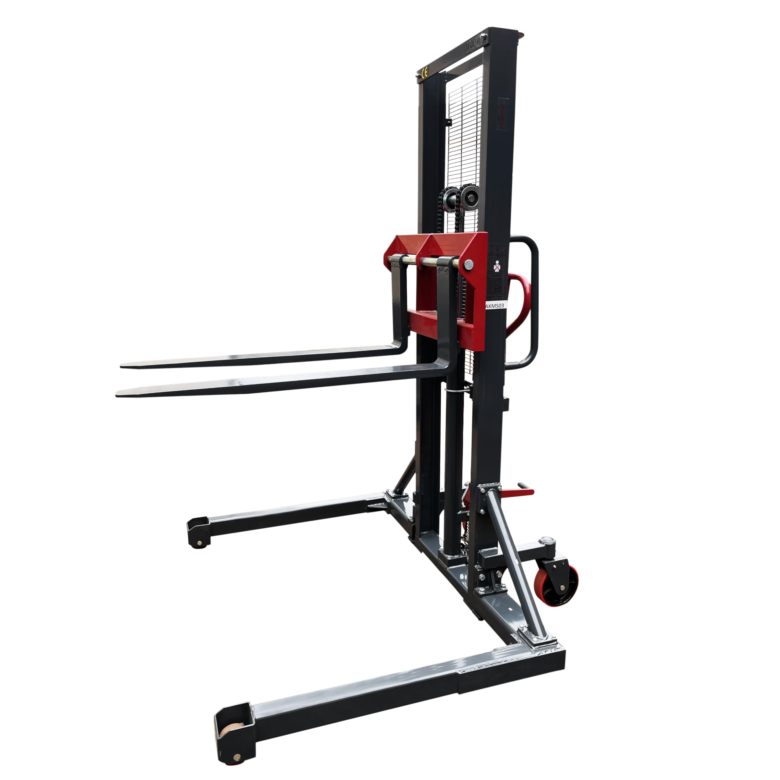 Pake Handling Tools Long Fork Manual Pallet Stacker Hand/Foot Pump Lift Truck Hydraulic Lift with Adjustable Fork and Straddle Legs, 2200 lbs Capacity, Lift Height 63", Fork 45.27" L, Leg 49.2" W