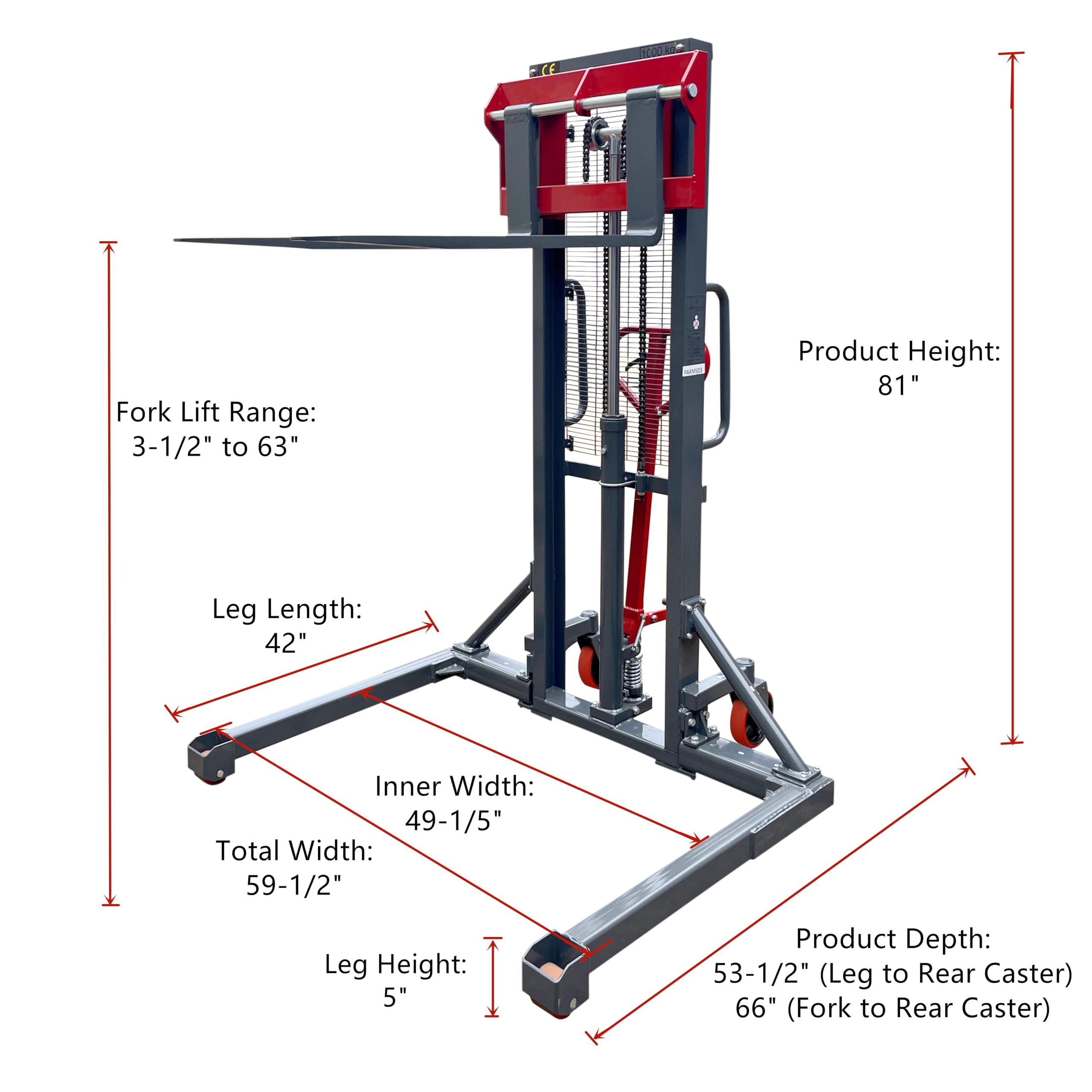 Pake Handling Tools Long Fork Manual Pallet Stacker Hand/Foot Pump Lift Truck Hydraulic Lift with Adjustable Fork and Straddle Legs, 2200 lbs Capacity, Lift Height 63", Fork 45.27" L, Leg 49.2" W