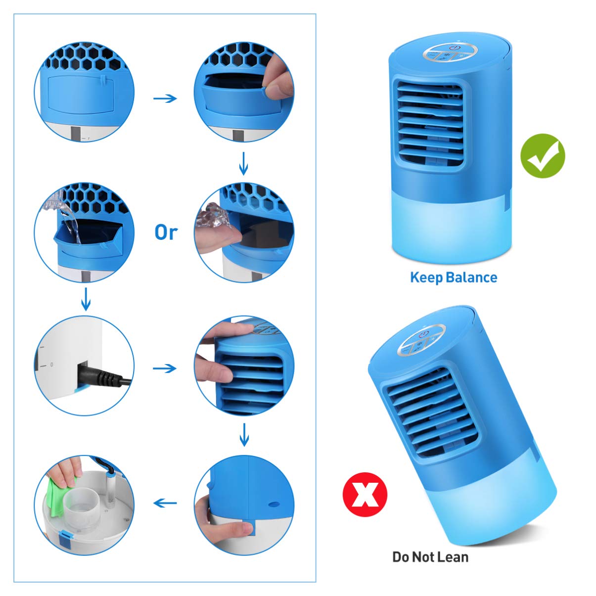 VOSAREA Portable Air Conditioner Fan, Mini Space Cooler, Small Desktop Fan Personal Table Fan Compact Ice Air Cooler with US Plug (Blue)