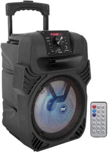 pyle 400w portable bluetooth pa loudspeaker - 8” subwoofer system, 4 ohm/55-20khz, usb/mp3/fm radio/ ¼ mic inputs, multi-color led lights, built-in rechargeable battery w/ remote control -pphp844b