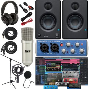 presonus audiobox 96 audio interface (may vary blue or black) complete studio bundle with studio one artist software pack w/eris 3.5 pair studio monitors, condenser microphone, 1/4” instrument cables