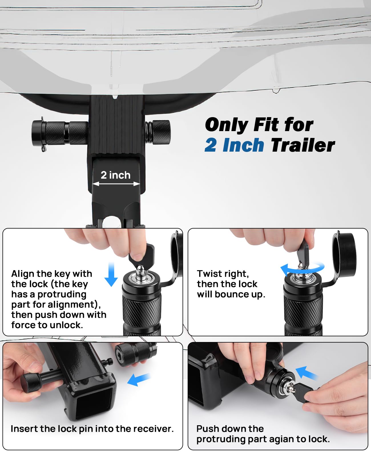 JOYTUTUS Trailer Hitch Lock, with 5/8'' Dia 2-3/4'' Long Pin, Fits 2 Inch Class III-IV Receiver, for Trailer Truck Car Boat, with 2 Keys 2 O-Rings, Anti-Theft and Waterproof Towing Hitch Lock