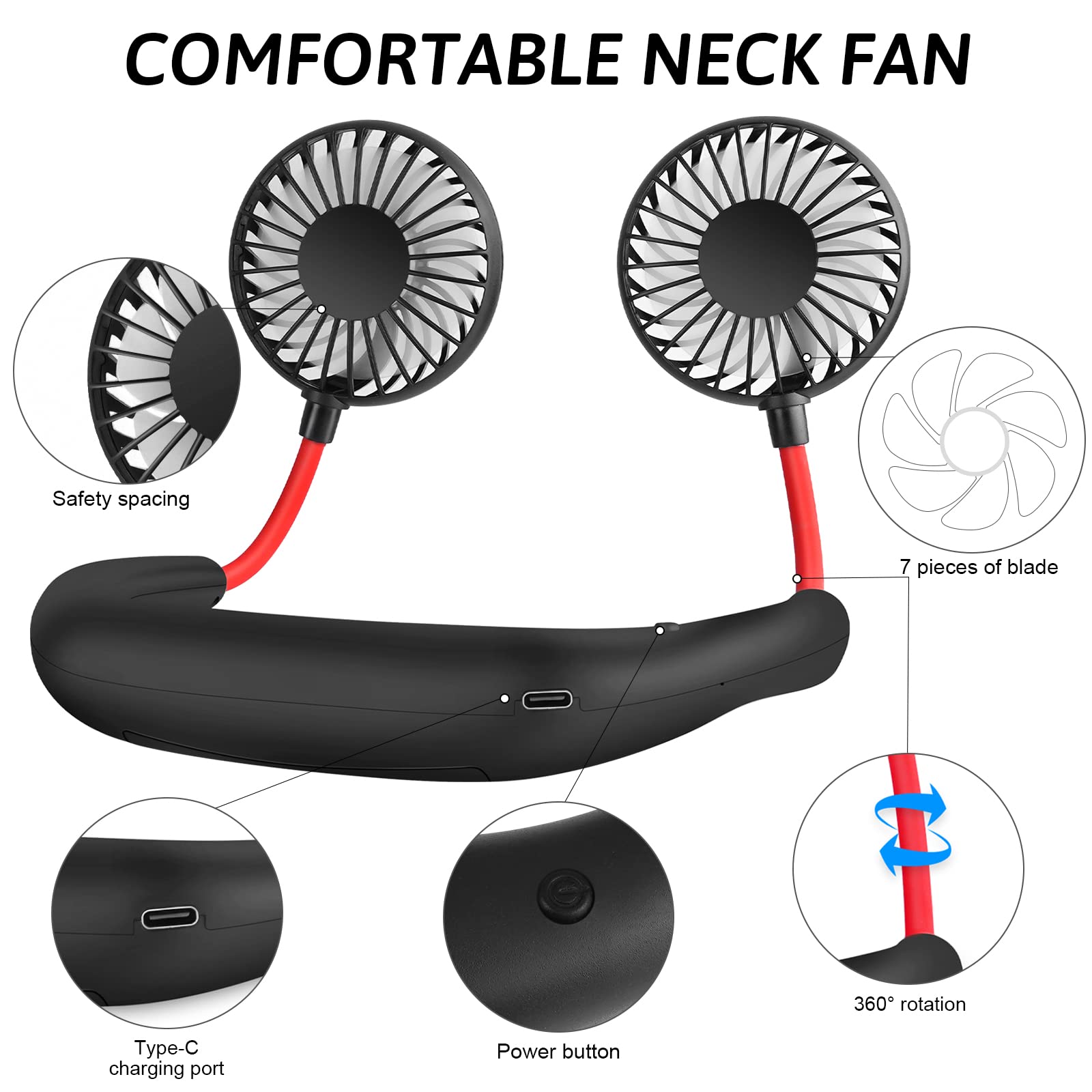 SOHOUR HOME Portable Neck Fan, Personal Fan USB Mini Sports Hand Free Neck Hanging Desk Office Small Fan for Household Travel Room Outdoor Sports (Black/Red)