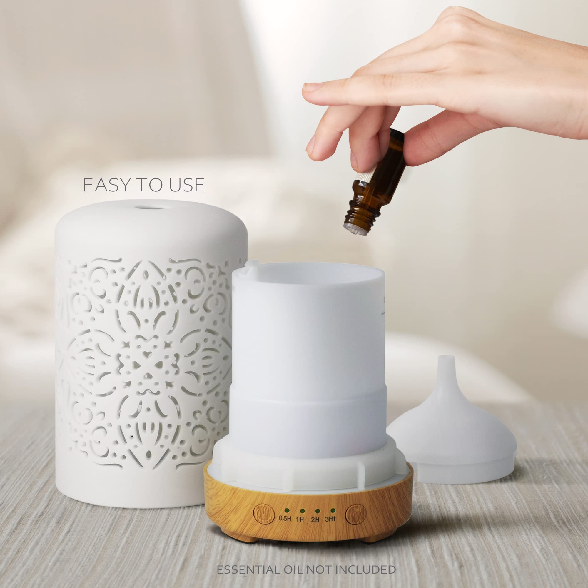 Earnest Living Essential Oil Diffuser White Ceramic Diffuser 100 ml Timers Night Lights and Auto Off Function Home Office Humidifier Ultrasonic Aromatherapy Diffusers for Essential Oils