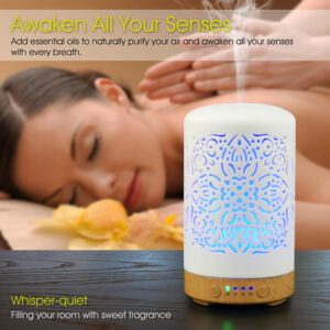 Earnest Living Essential Oil Diffuser White Ceramic Diffuser 100 ml Timers Night Lights and Auto Off Function Home Office Humidifier Ultrasonic Aromatherapy Diffusers for Essential Oils