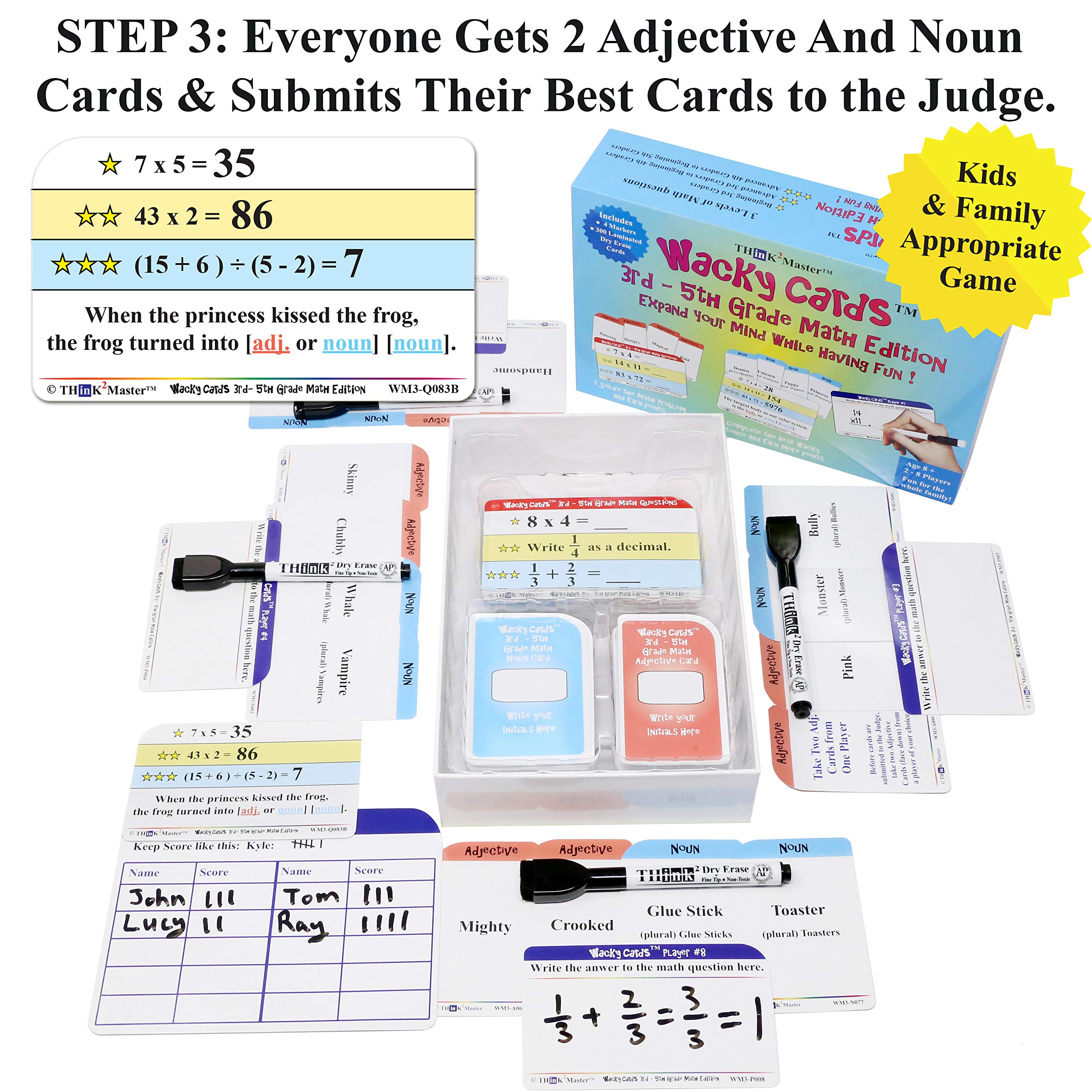 Think2Master Wacky Cards 3rd - 5th Grade. Math Card Game for Families & Classroom. Make Hilarious Sentences While Practicing Math Including Multiplication, Division & Algebra.