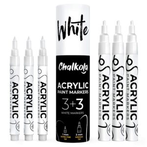 chalkola acrylic white paint pens (6 pack) extra fine point (1mm) & medium tip (3mm) - permanent white marker ink for rock painting, fabric, tire, metal, wood, canvas, glass, plastic, stone, ceramic