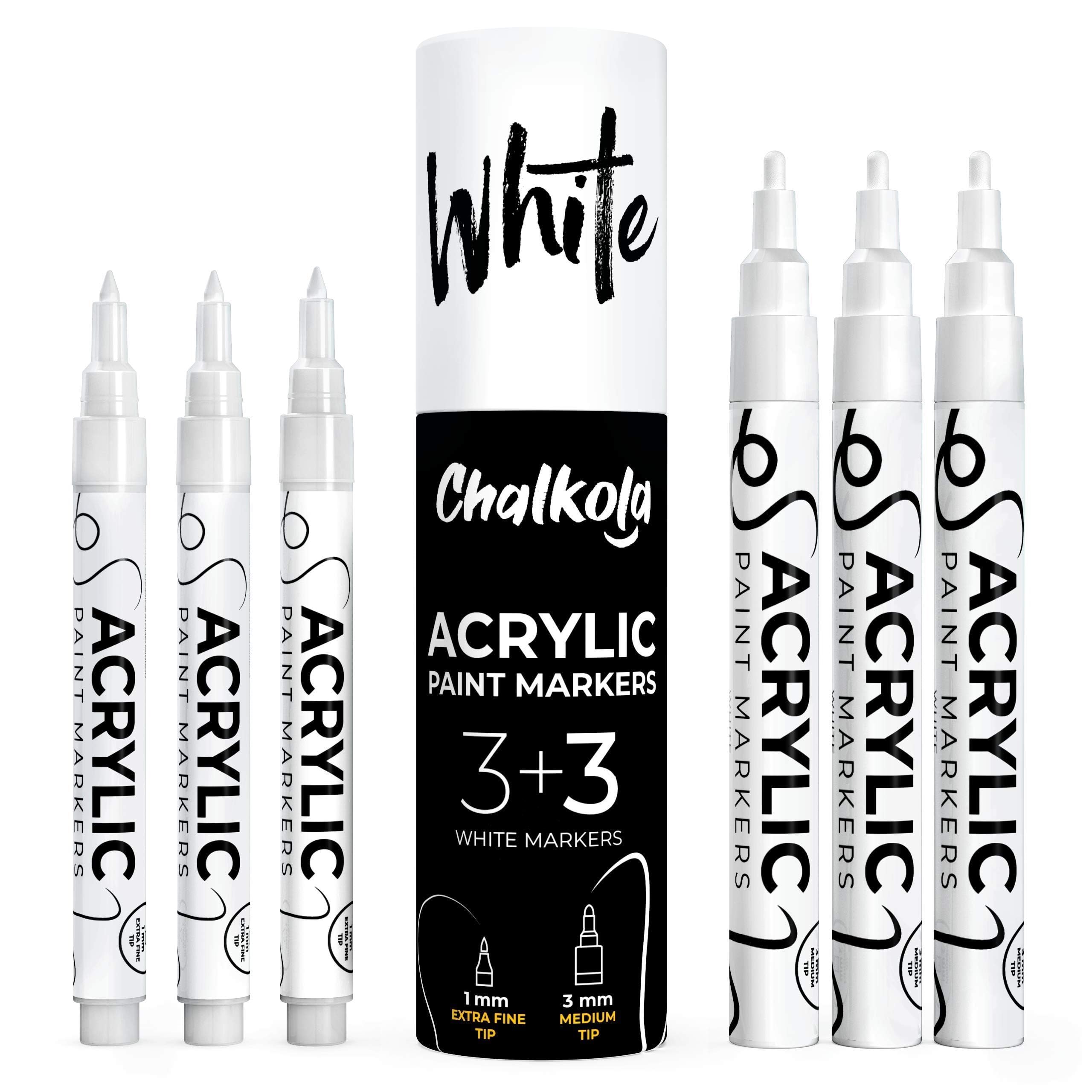 Chalkola Acrylic White Paint Pens (6 Pack) Extra Fine Point (1mm) & Medium Tip (3mm) - Permanent White Marker Ink for Rock Painting, Fabric, Tire, Metal, Wood, Canvas, Glass, Plastic, Stone, Ceramic