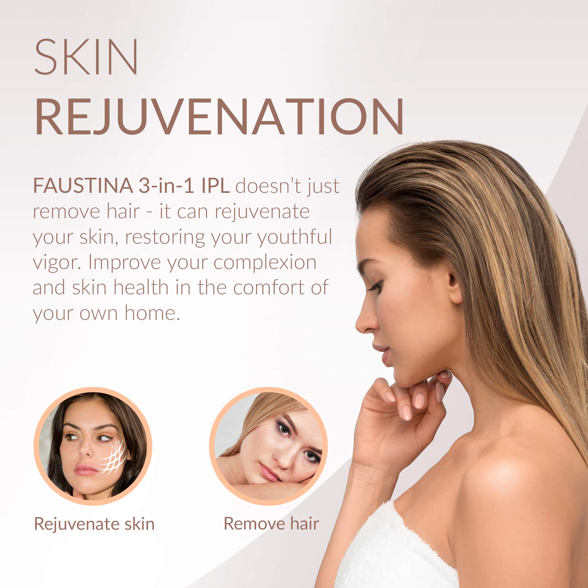 FAUSTINA 3-in-1 IPL (3 Lamps 1,500,000 Shots) Hair Removal, Skin Rejuvenation, and Acne Clearance Device - Completely Painless - Full Results After 3-7 Treatments - Free Pouch & Sunglasses.