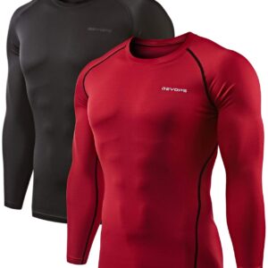 DEVOPS 2 Pack Men's Thermal Long Sleeve Compression Shirts (X-Large, Black/Red)