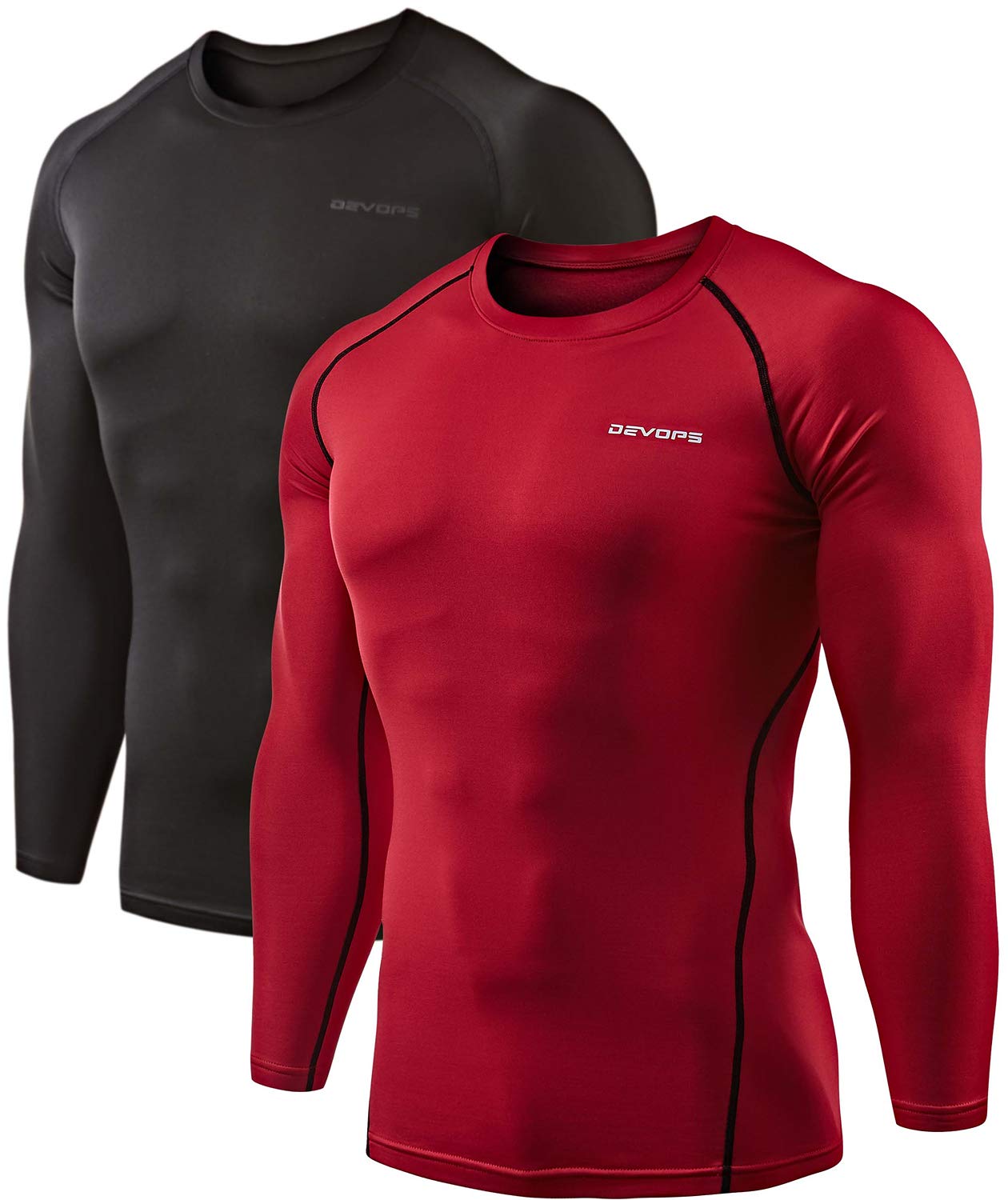 DEVOPS 2 Pack Men's Thermal Long Sleeve Compression Shirts (X-Large, Black/Red)