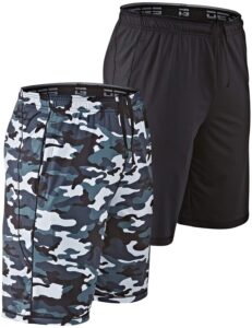 devops men's 2-pack loose-fit 10" workout gym shorts with pockets (large, black/camo gray)