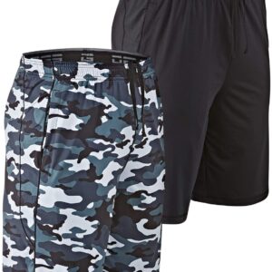 DEVOPS Men's 2-Pack Loose-Fit 10" Workout Gym Shorts with Pockets (Large, Black/Camo Gray)