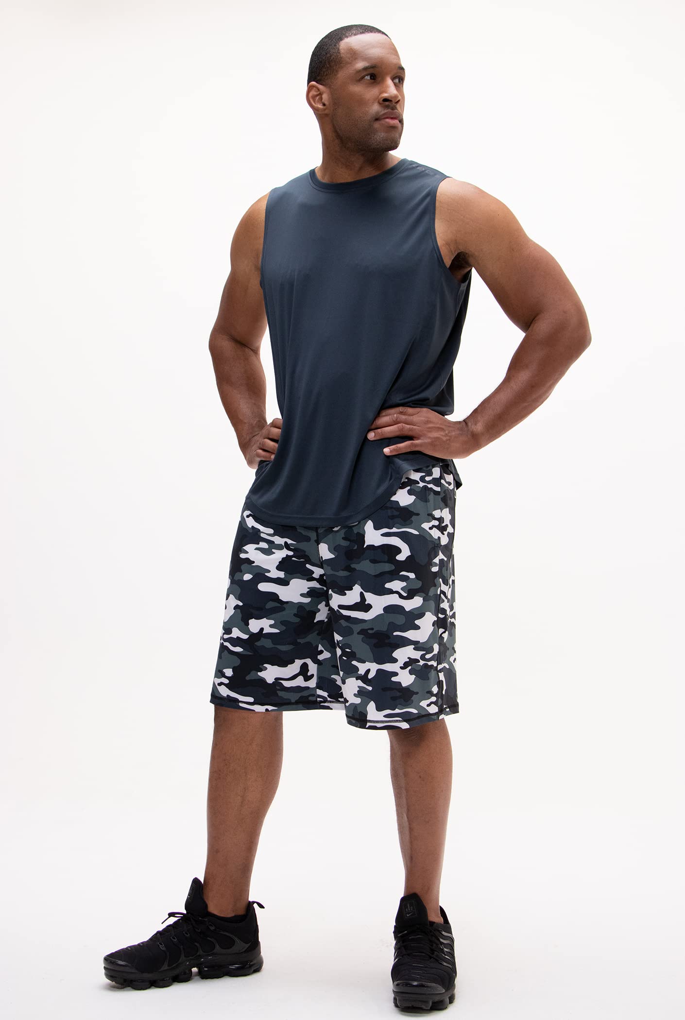 DEVOPS Men's 2-Pack Loose-Fit 10" Workout Gym Shorts with Pockets (Large, Black/Camo Gray)