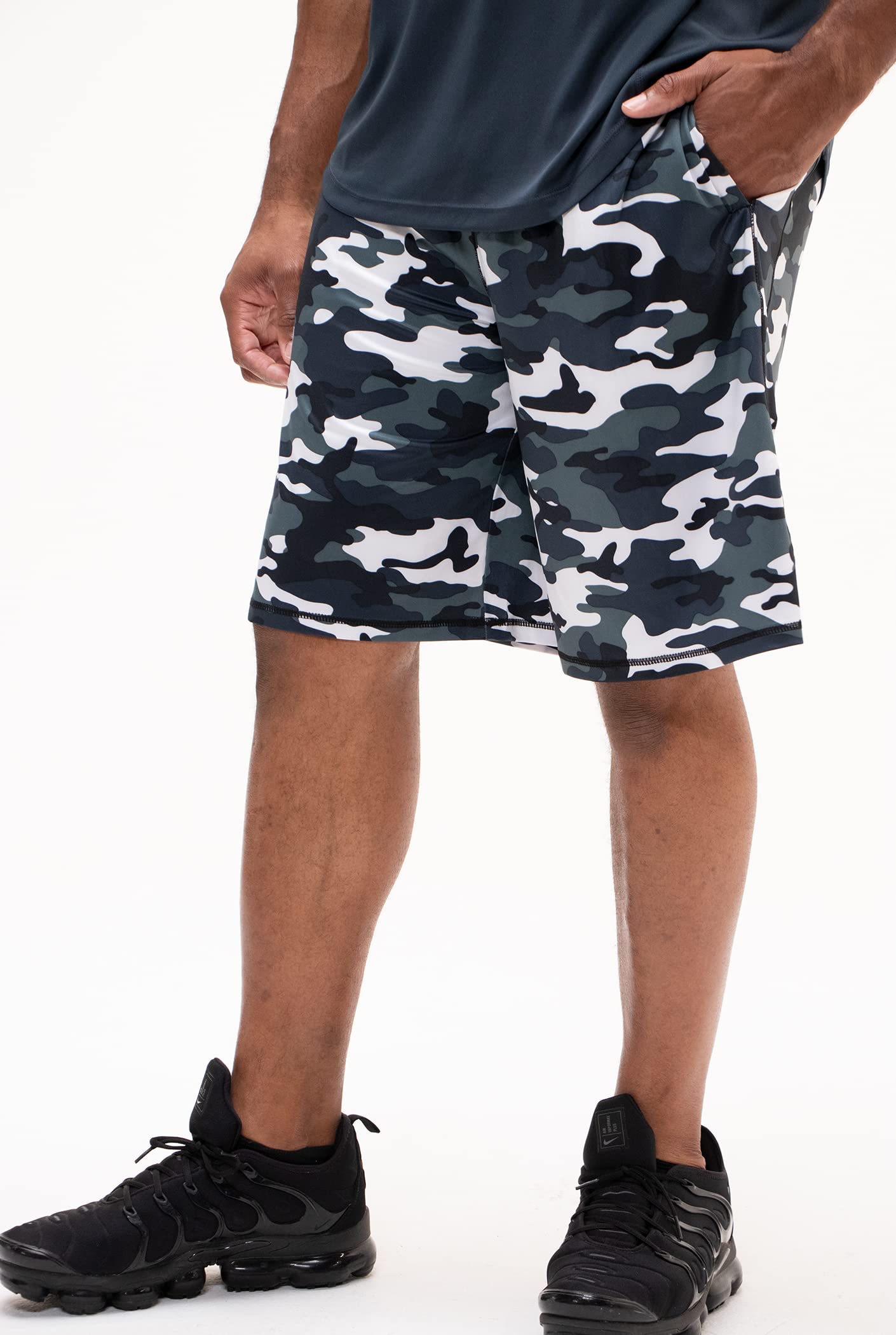 DEVOPS Men's 2-Pack Loose-Fit 10" Workout Gym Shorts with Pockets (Large, Black/Camo Gray)