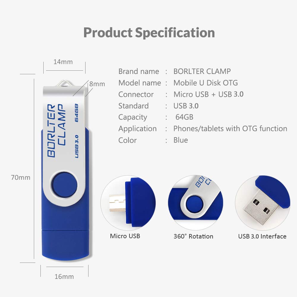 BorlterClamp 64GB USB 3.0 Flash Drive Dual Port Memory Stick, OTG Swivel Pen Drive with Micro USB Drive Port for Android Smartphone Tablet & Computer (Blue)