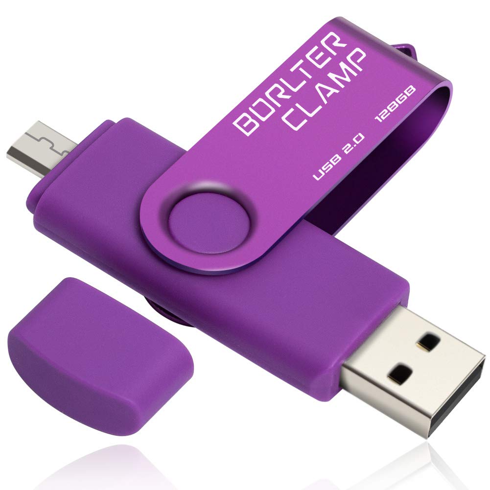 BorlterClamp 128GB USB Flash Drive Dual Port Memory Stick, OTG Thumb Drive with Micro USB Drive Port for Android Smartphone Tablet & Computer (Purple)