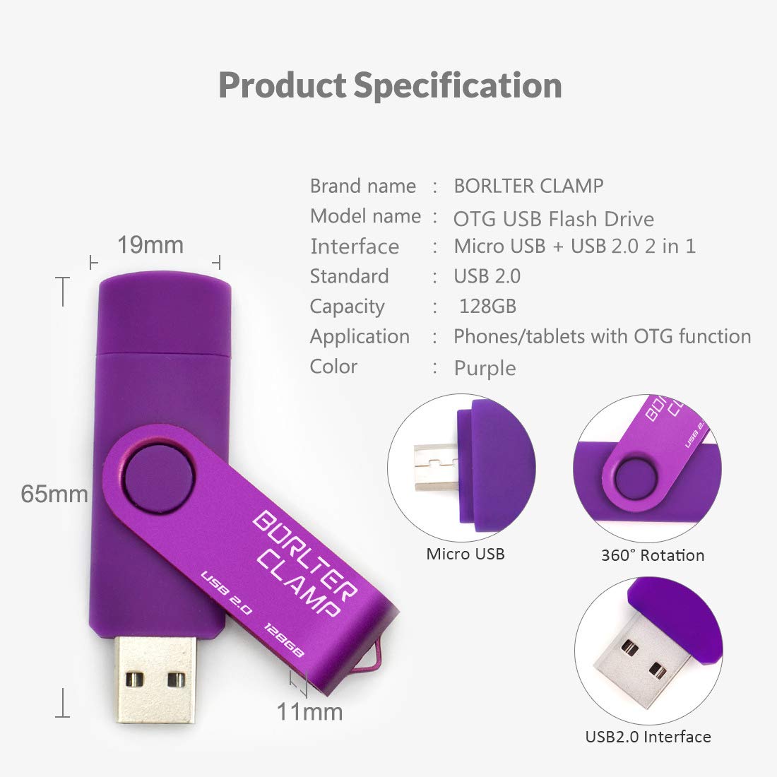 BorlterClamp 128GB USB Flash Drive Dual Port Memory Stick, OTG Thumb Drive with Micro USB Drive Port for Android Smartphone Tablet & Computer (Purple)