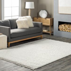 nuloom neva modern tasseled shag area rug, 8x11, ivory