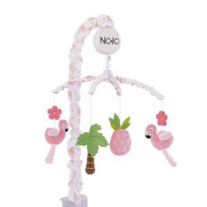 nojo tropical flamingo nursery crib musical mobile with plush pink flamingos, flowers, palm tree & pineapple, pink, white, green