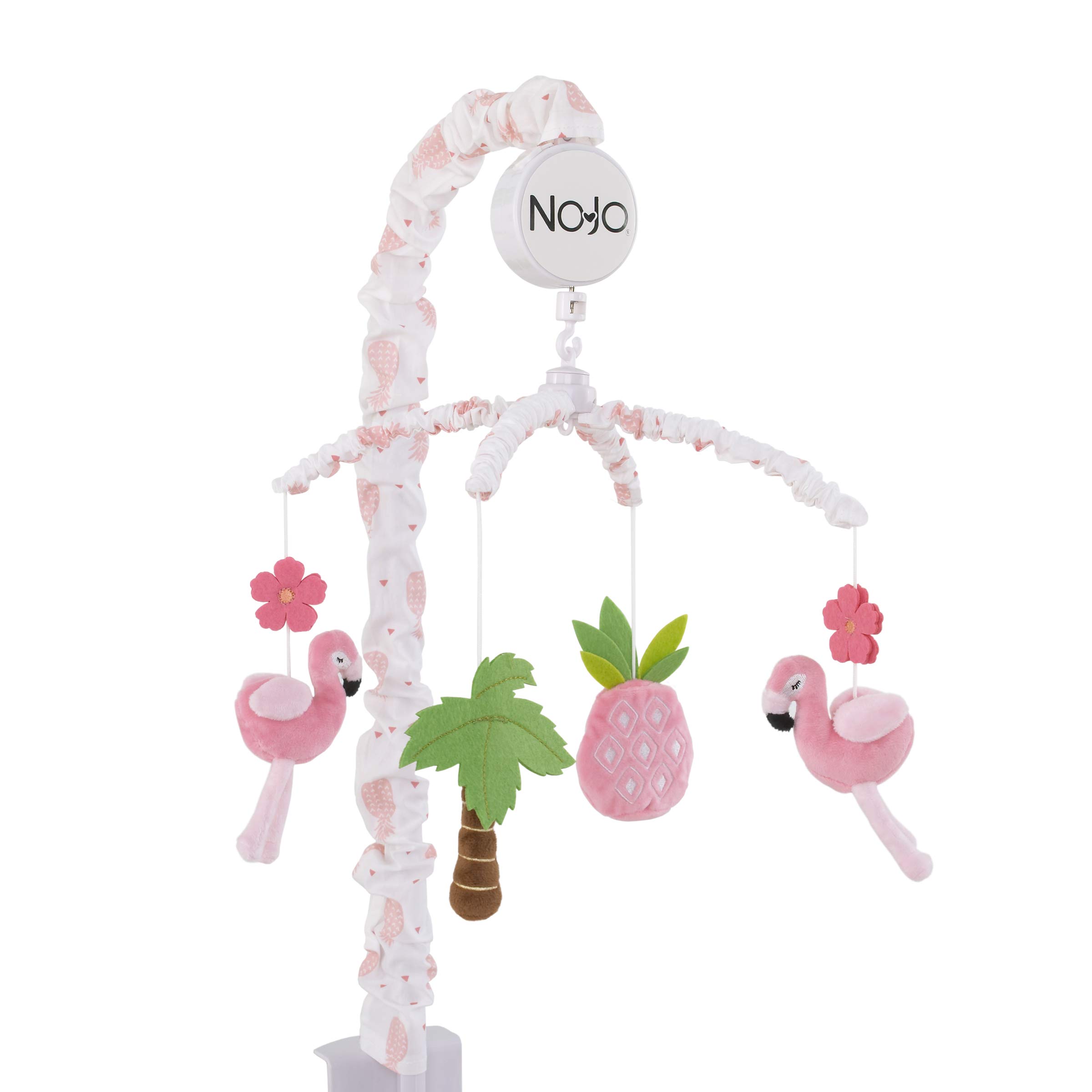 Nojo Tropical Flamingo Nursery Crib Musical Mobile With Plush Pink Flamingos, Flowers, Palm Tree & Pineapple, Pink, White, Green