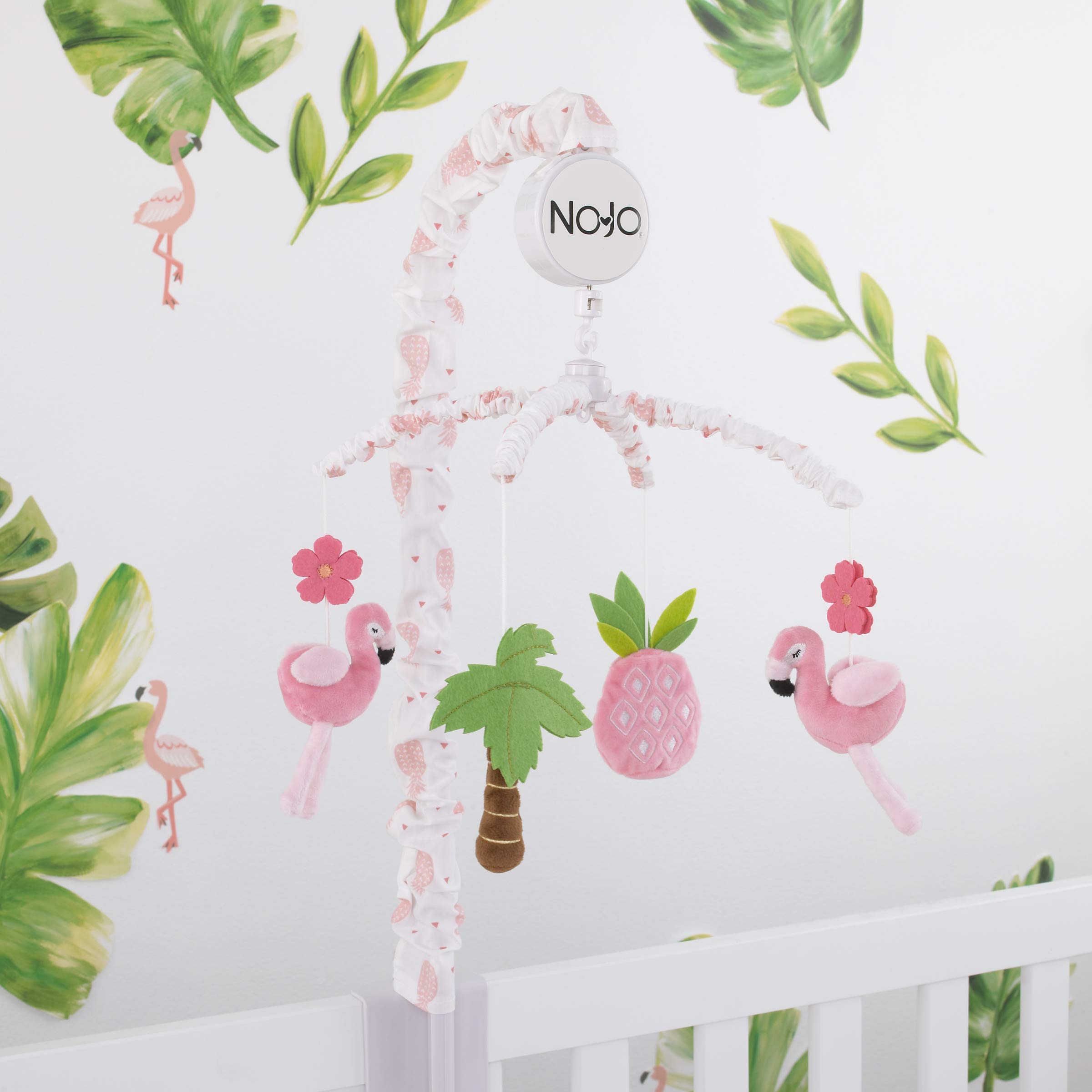 Nojo Tropical Flamingo Nursery Crib Musical Mobile With Plush Pink Flamingos, Flowers, Palm Tree & Pineapple, Pink, White, Green