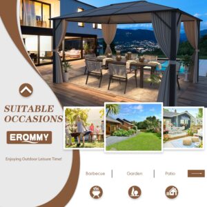 EROMMY 10' x 12' Gazebo Single Polycarbonate Roof Canopy Outdoor Aluminum Frame Permanent Pergolas with Netting and Curtains for Patio Backyard Garden Lawns Parties