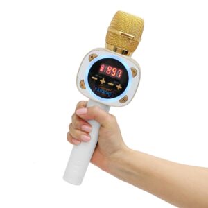 carpool karaoke machine for kids & adults, carpool karaoke the mic 1.0 by singing machine - wireless & bluetooth karaoke microphone with mic volume, echo controls as white elephant gift, gold & white