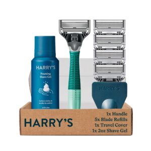 harry's razors for men - men's razor set with 5 razor blade refills, travel blade cover, 2 oz shave gel (sage)