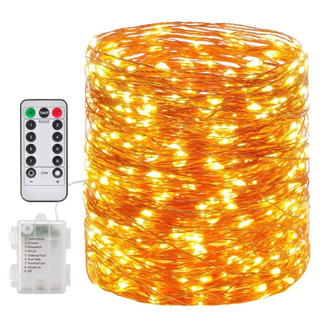 SSFQ Fairy Lights, 66ft 200 Led Outdoor String Lights, Waterproof Battery Operated Copper 8 Lighting Modes, Chirstmas Party Bedroom Garden(Warm White)