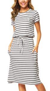 womens cute short sleeve casual pockets modest midi dress striped white black xl