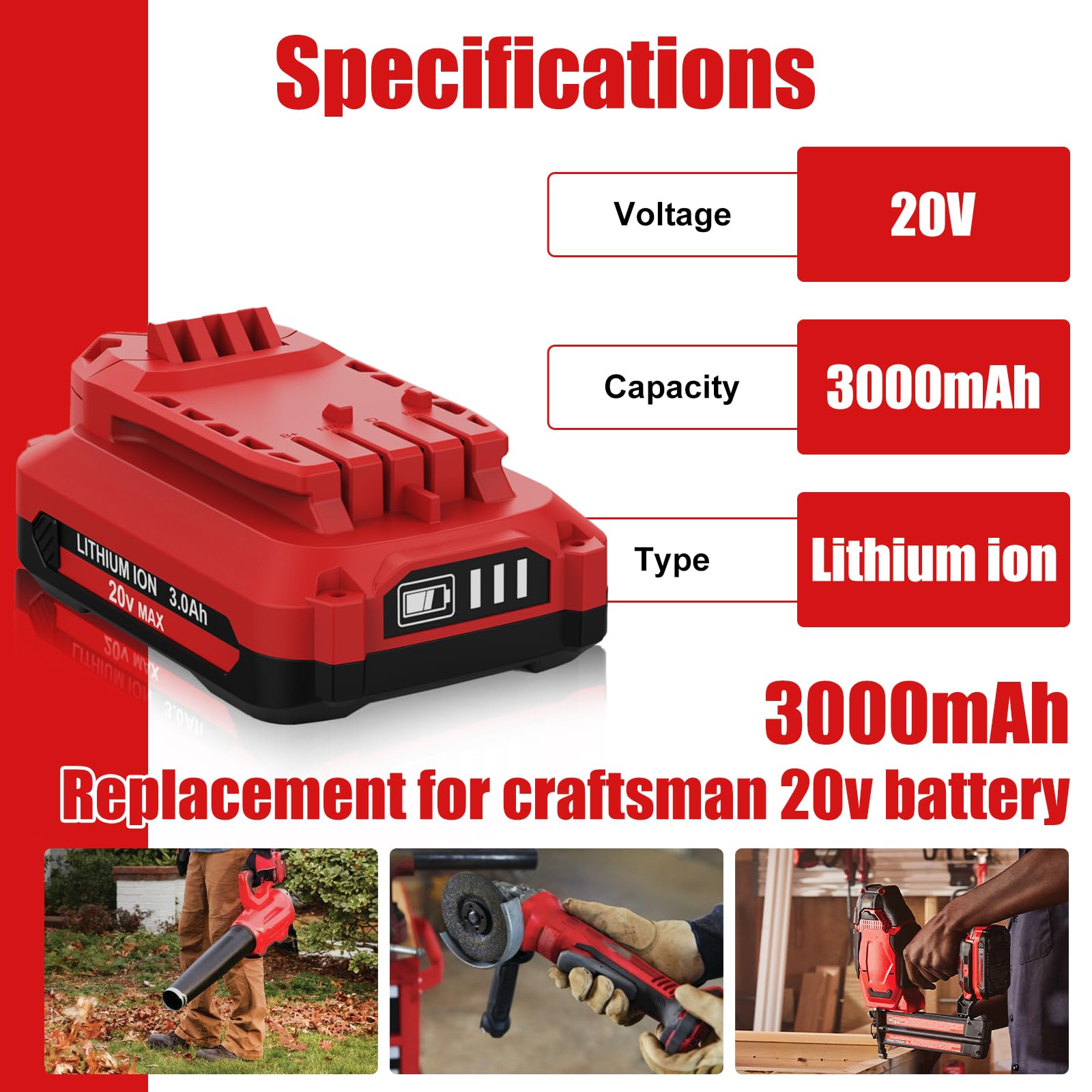 2 Pack 20V 3.0Ah Replacement for Craftsman 20 Volt Lithium Ion Battery Compatible with Craftsman V20 MAX CMCB201 CMCB202 CMCB202-2 CMCB204-2 CMCB205 CMCB206 CMCS500B CMCD700C Cordless Power Tools