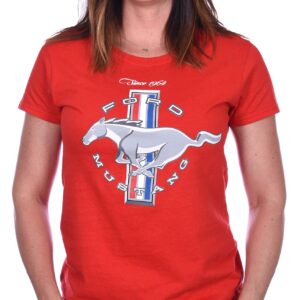 JH DESIGN GROUP Women's Ford Mustang Classic Emblem T-Shirt in Black Red or Heather-Gray (Large, Red)